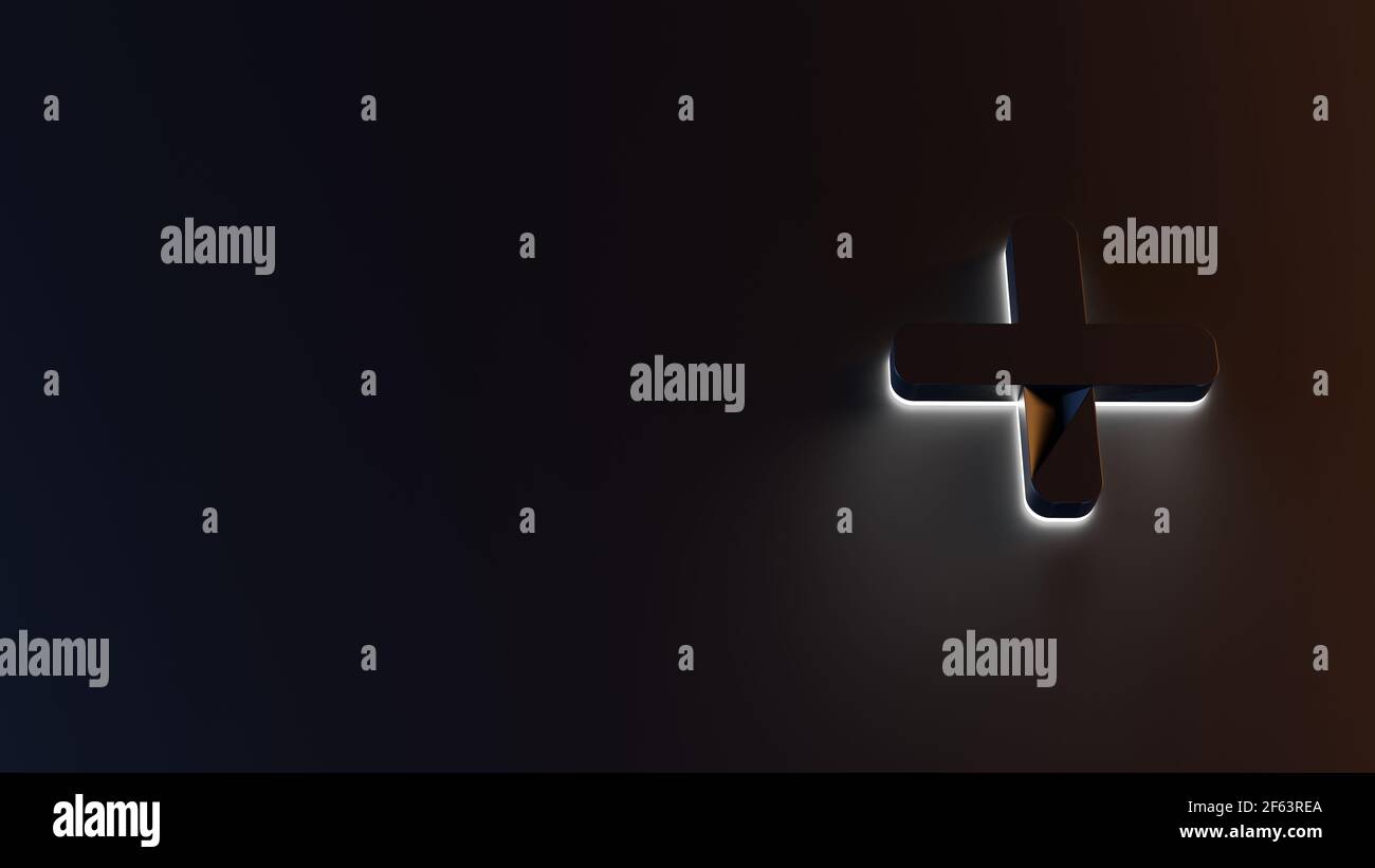 3d rendering of white light stripe symbol of plus on dark background ...