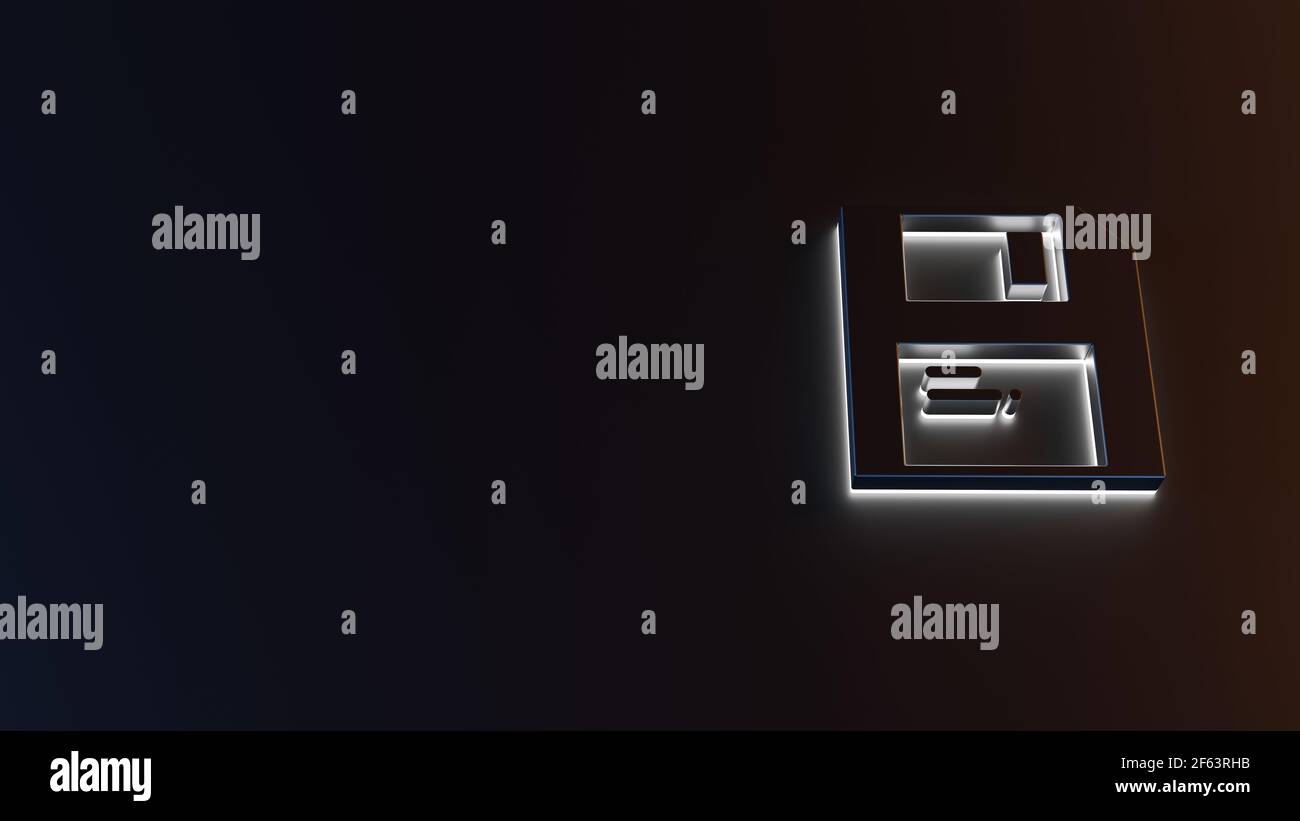 3d rendering of white light stripe symbol of floppy disk on dark ...
