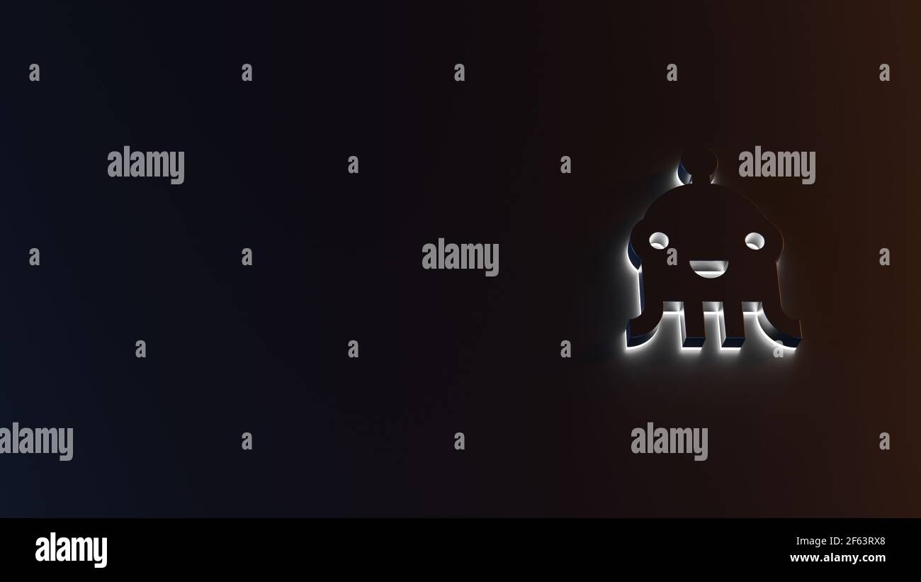 3d rendering of white light stripe symbol of alien smile face on dark ...