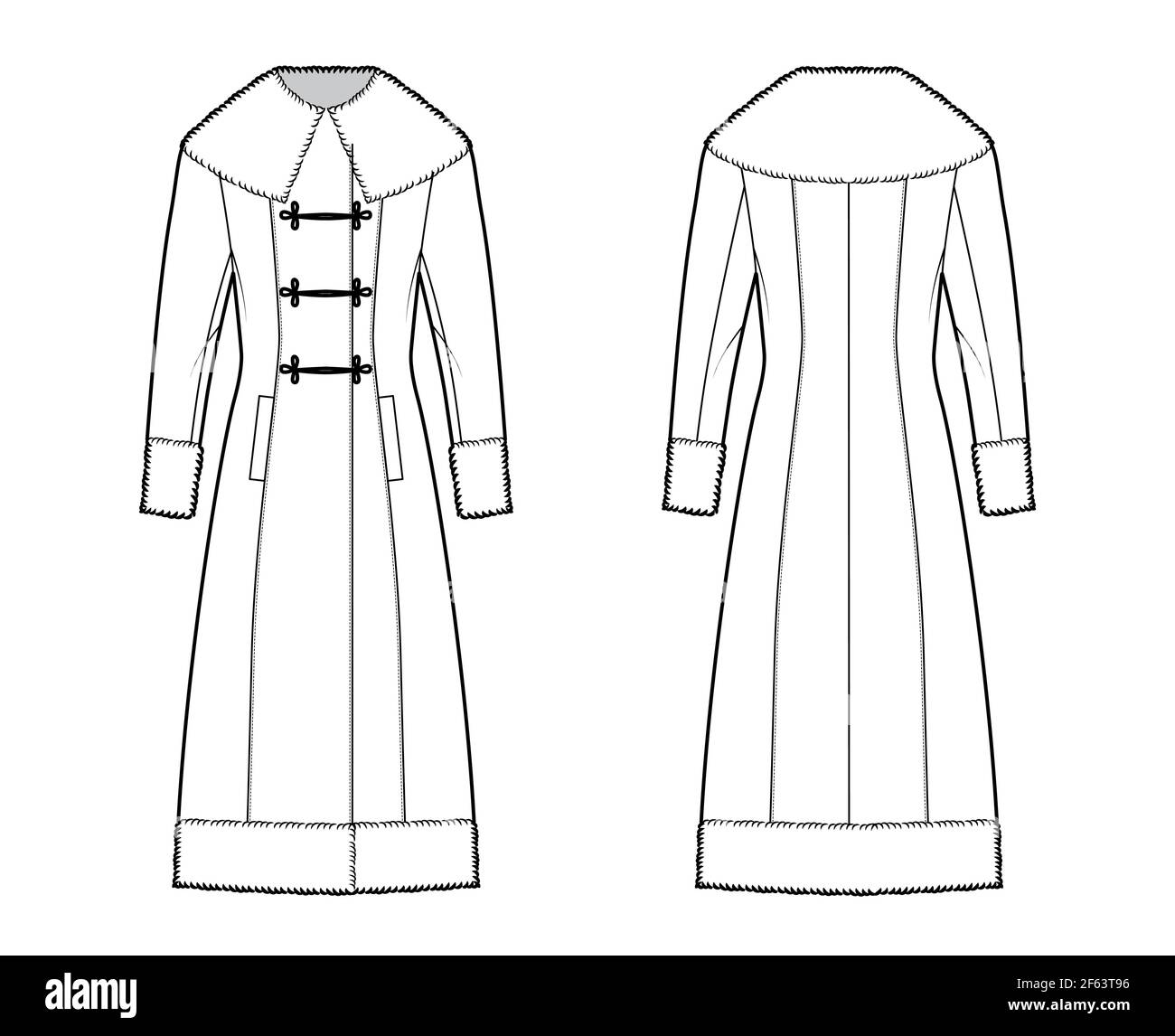 Cossack coat technical fashion illustration with long sleeves, fur cuff ...