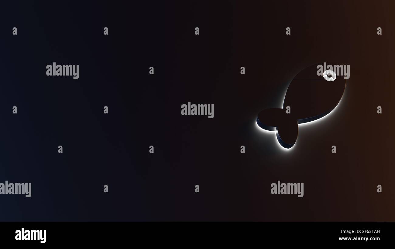 3d rendering of white light stripe symbol of fish on dark background ...