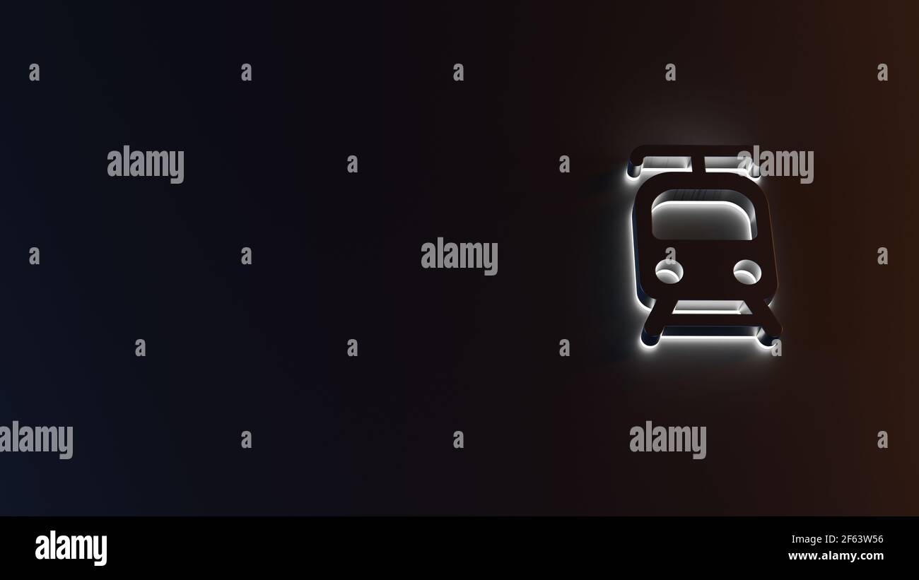 3d rendering of white light stripe symbol of tram front view on dark ...