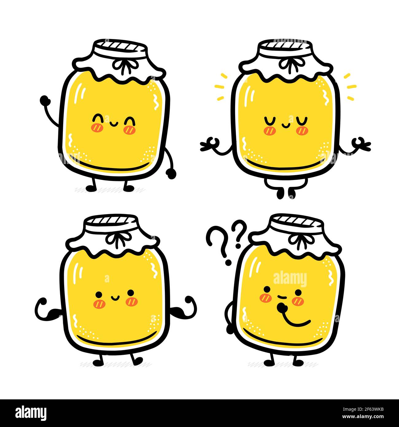 Cute funny kombucha jar character set collection. Vector flat line ...