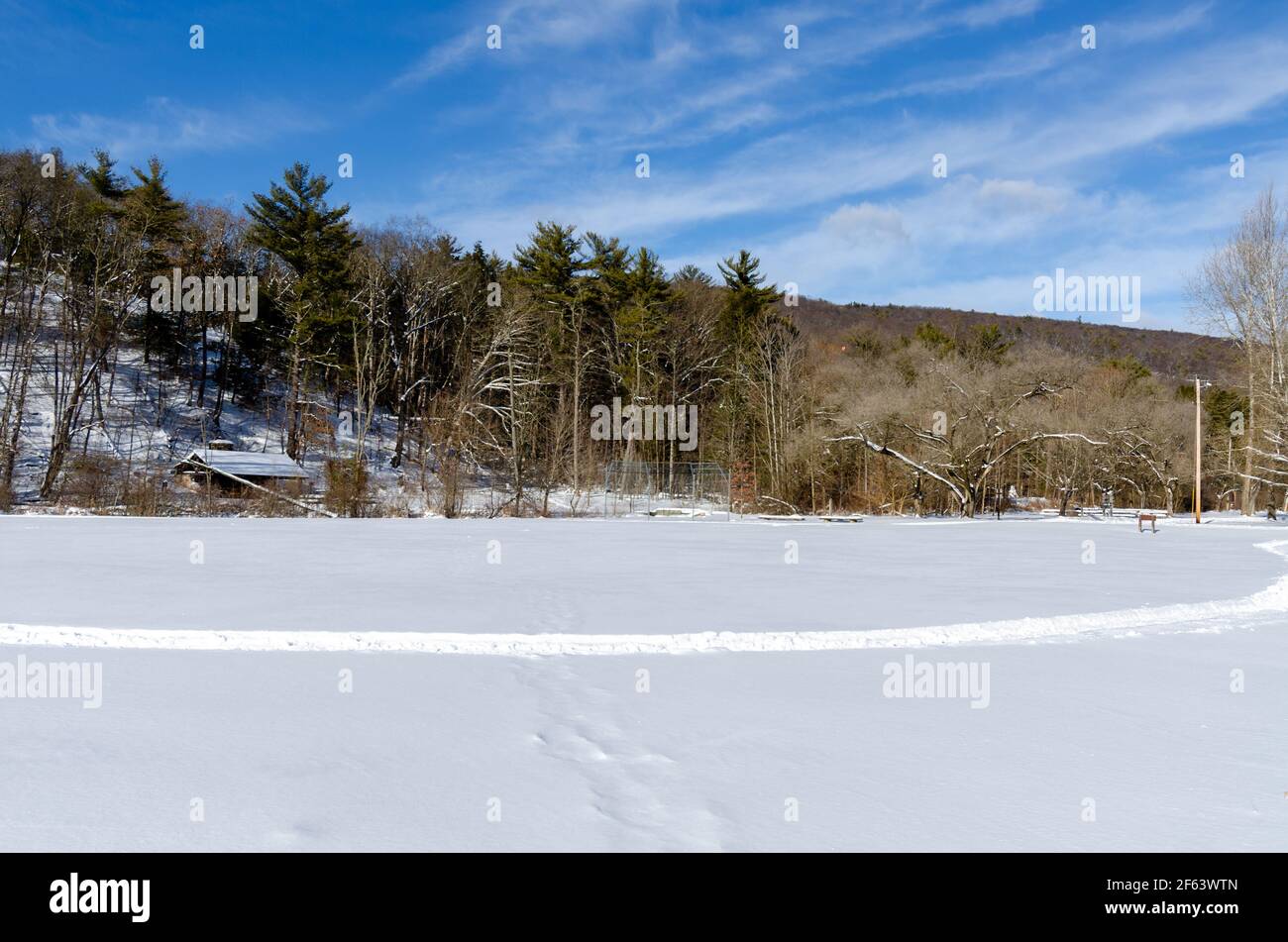Snow covered baseball field at a state park Stock Photo - Alamy