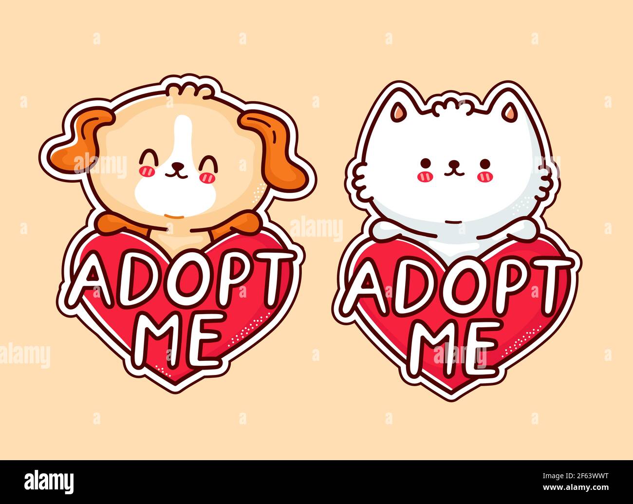 Cute funny puppy dog and cat hold heart sign Adopt me. Vector flat line ...