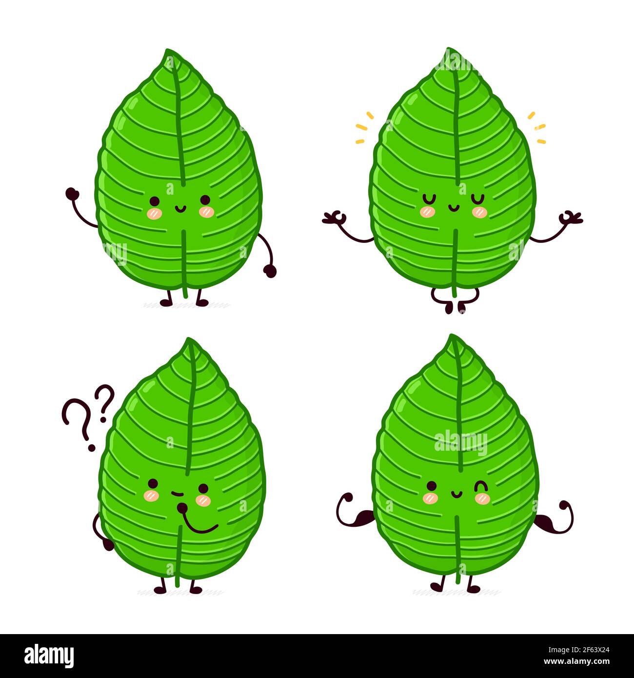 Cute funny kratom leaf character set collection. Vector flat line ...