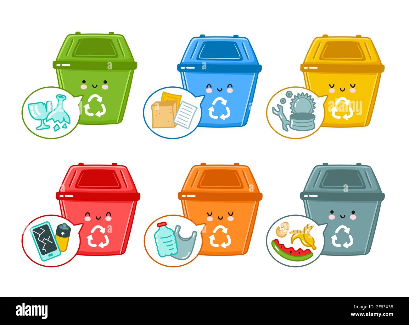 Cute happy plastic containers for garbage of different types set ...