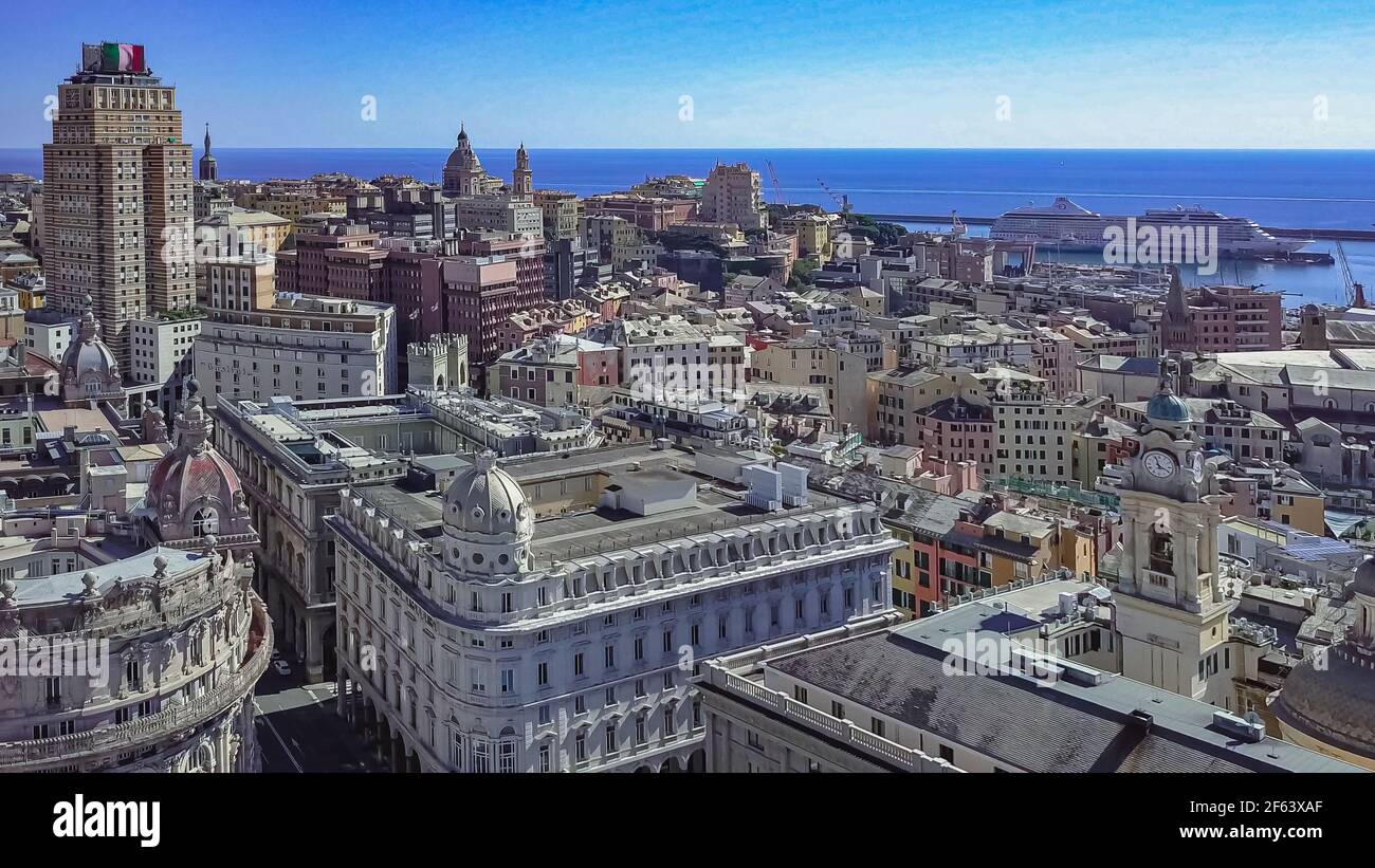 Aerial panoramic drone view of buildings and streets surrounding Port ...