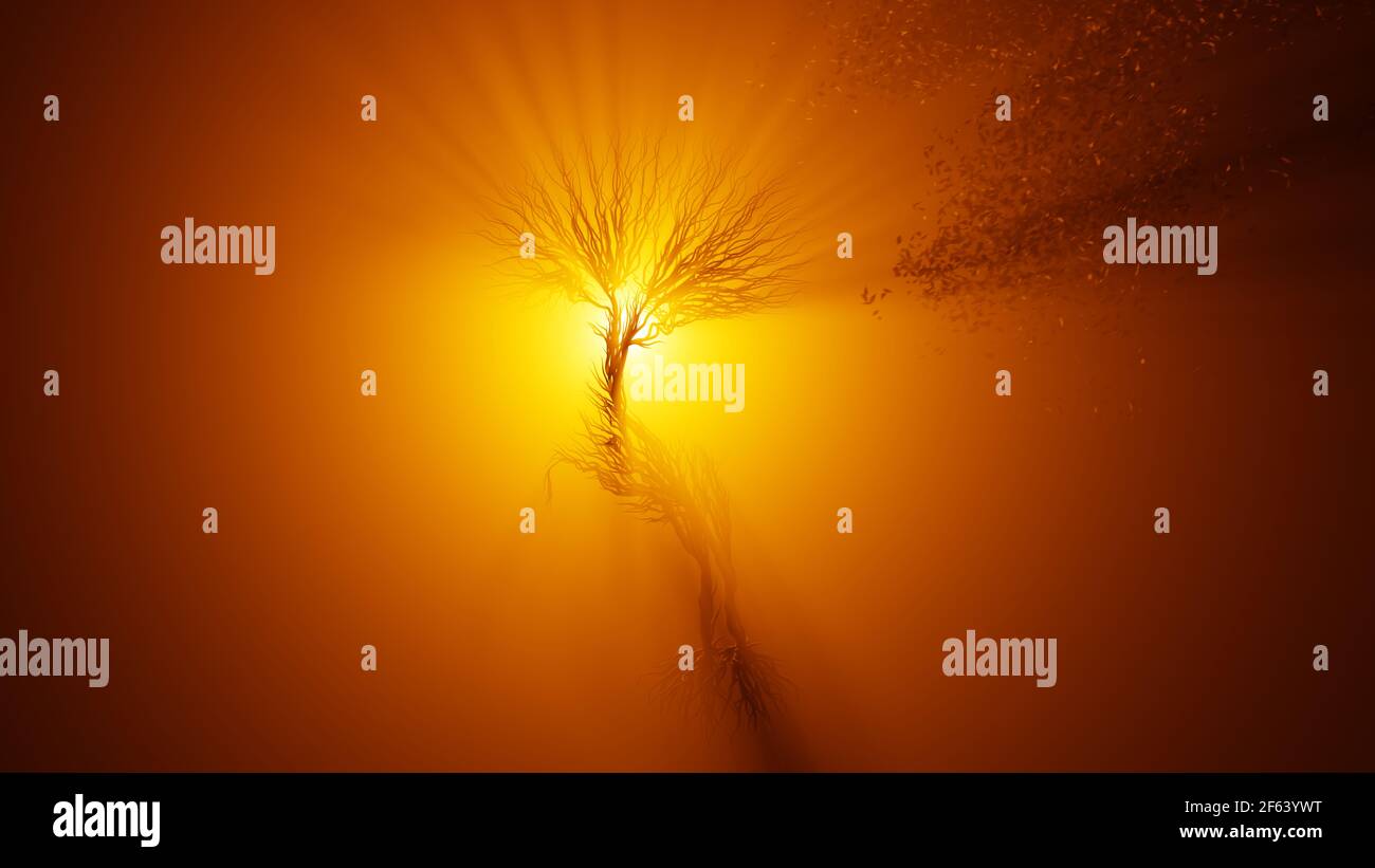 Silhouette of growing tree in a shape of a deer. Sun rays shining ...