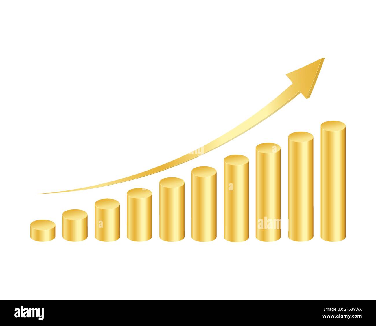 Golden cylinders bar graph with rising arrow isolated on white ...