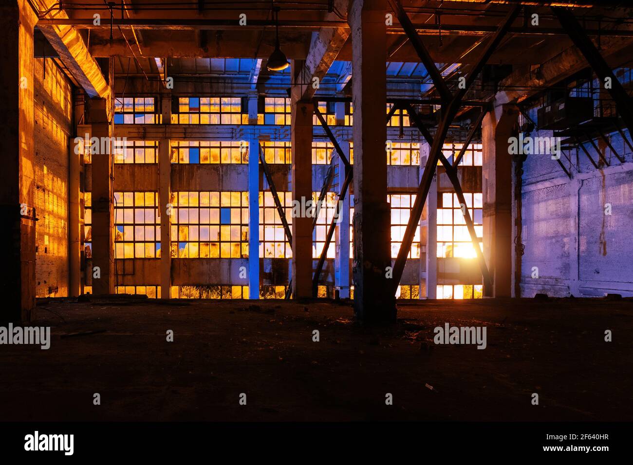 Dark creepy empty abandoned industrial building interior at night Stock ...