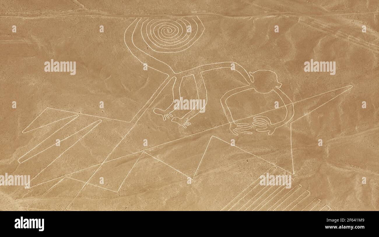 Monkey geoglyph, Nazca mysterious lines and geoglyphs aerial view ...