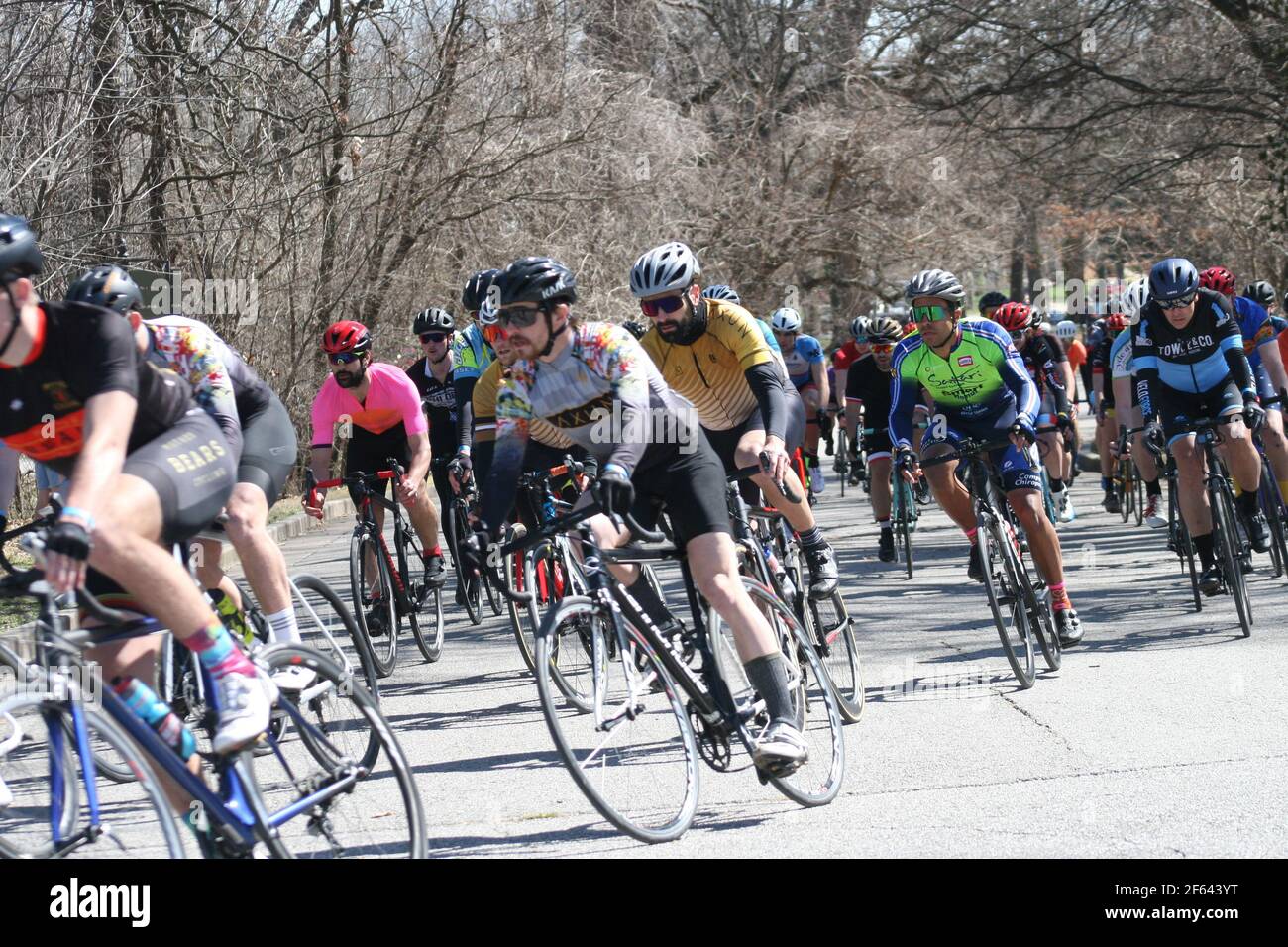 Early spring Bicycle races in St. Louis, Missouri, USA. Late morning at ...