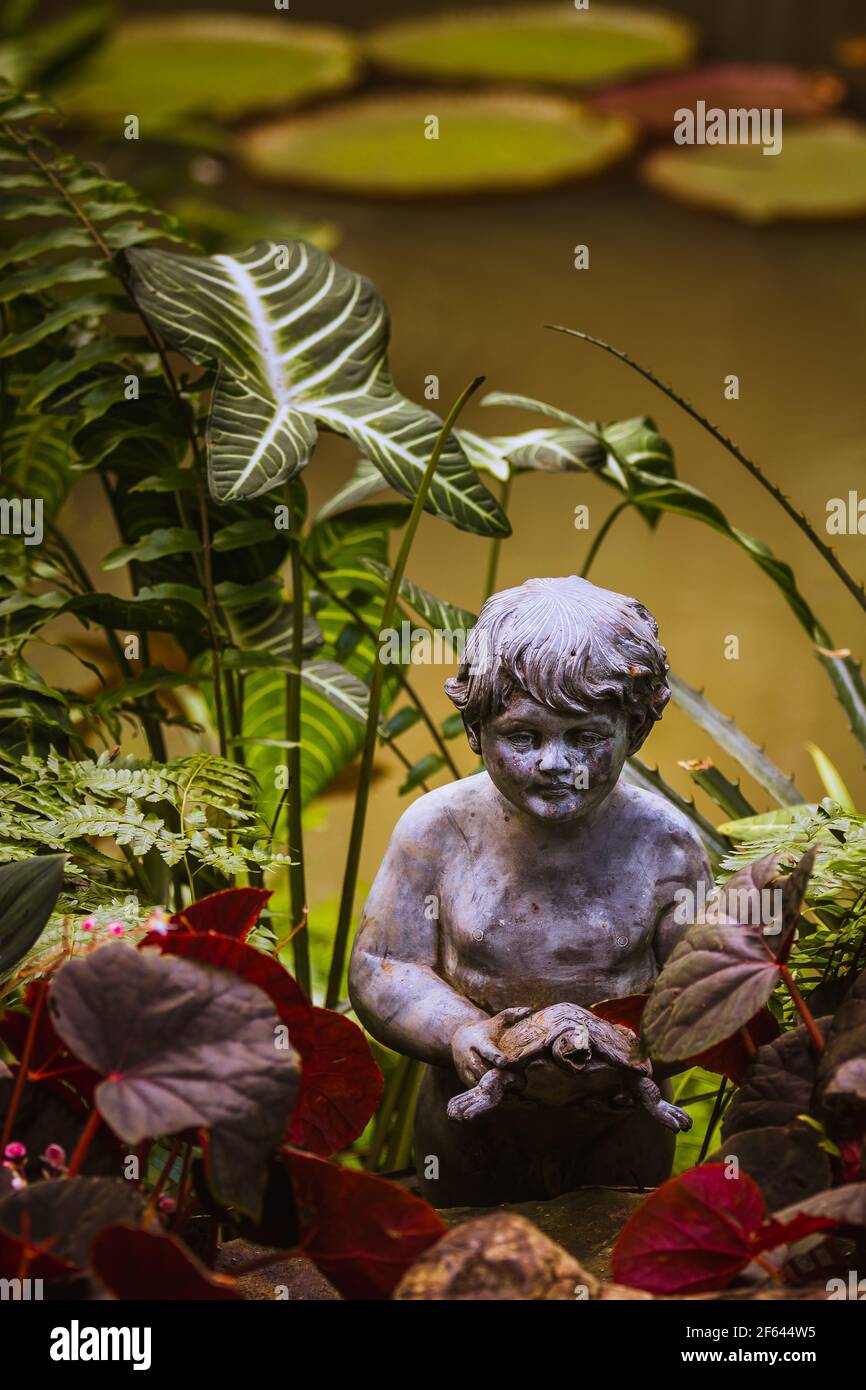 Sculpture of a boy holding a turtle at the Botanic Gardens, in ...