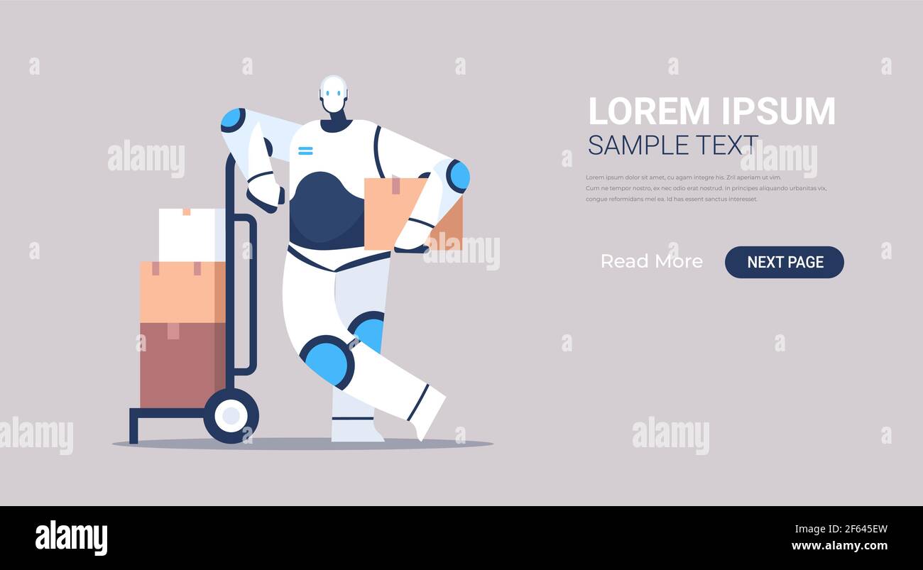 modern robot courier with cardboard parcels delivery service artificial ...