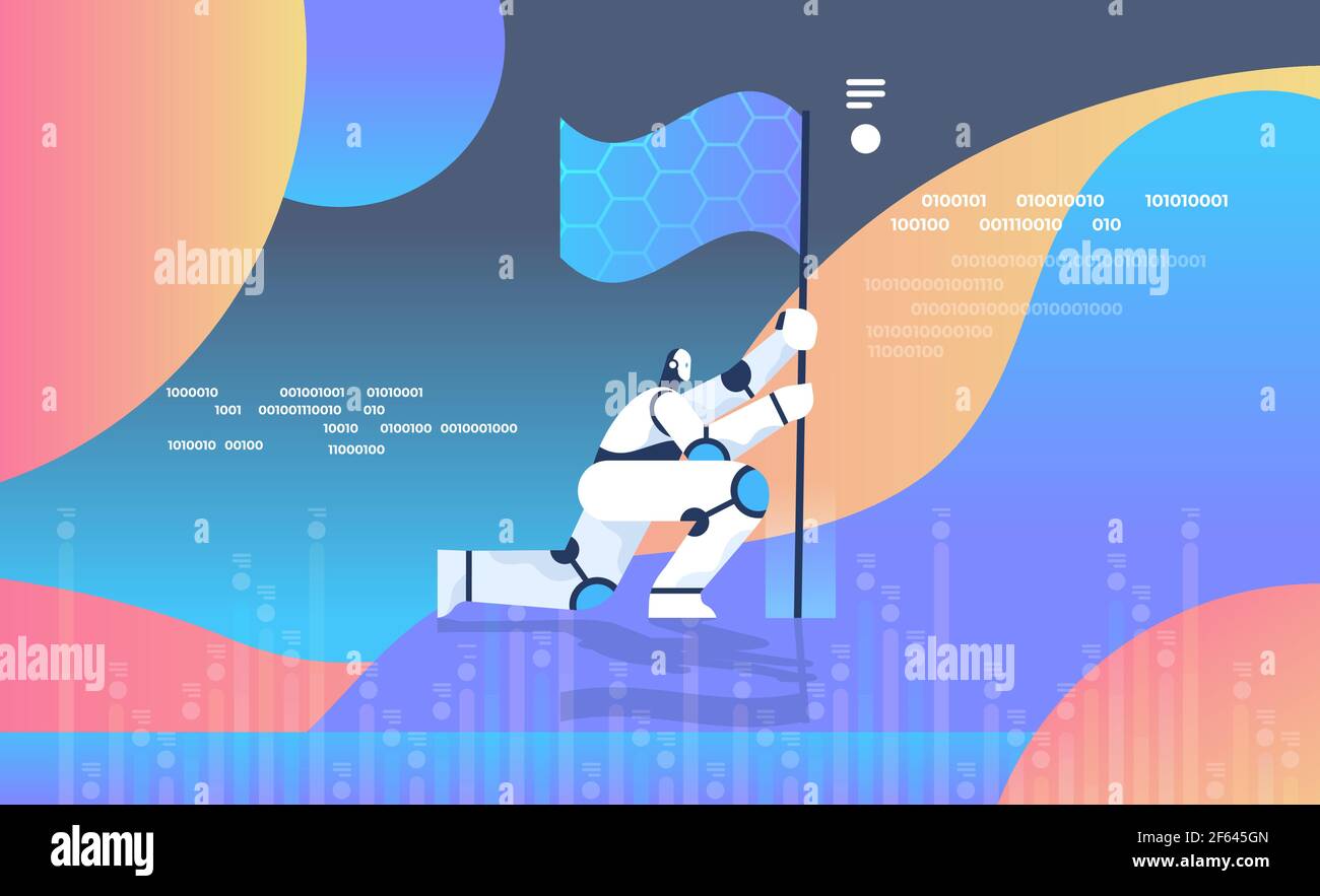 modern robot holding flag artificial intelligence concept full length ...