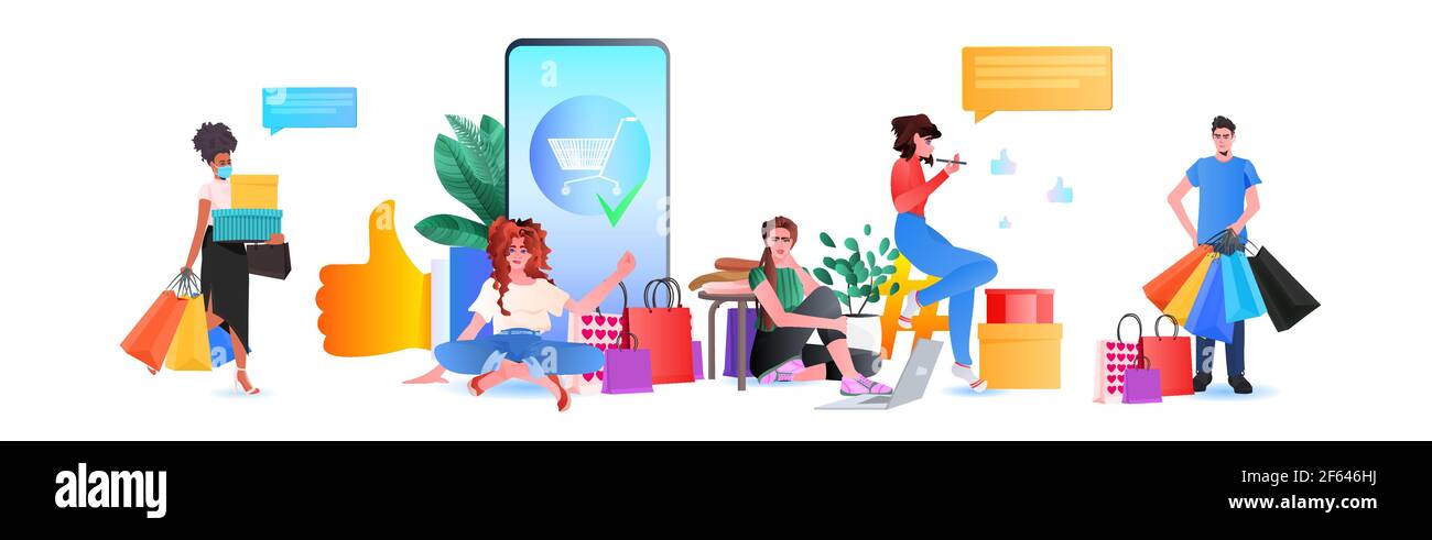 customers with purchases using mobile app online shopping concept ...