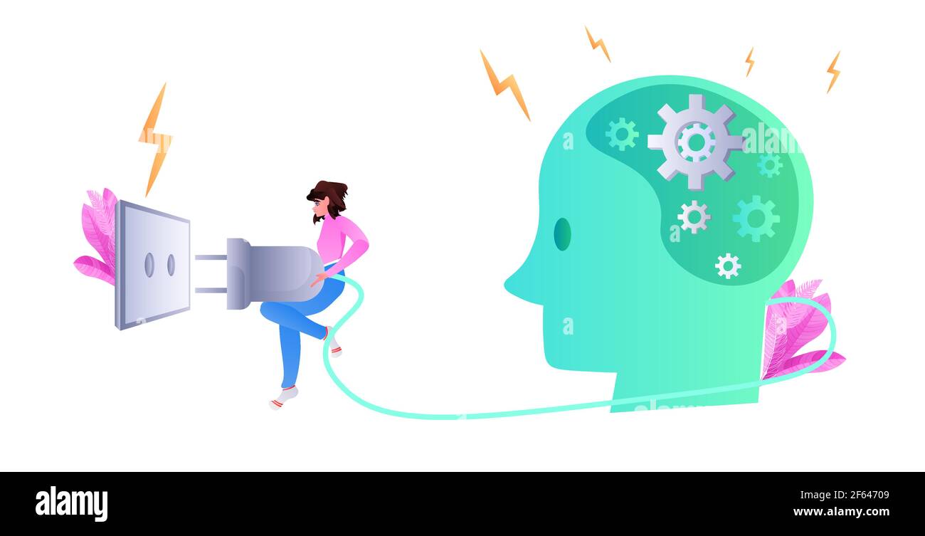 woman putting power plug into socket human head with gear wheels ...