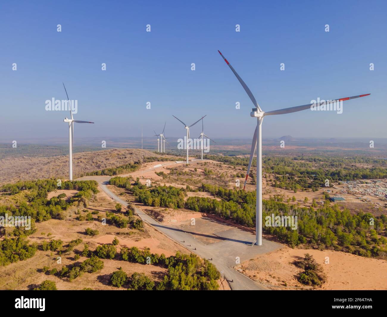 Wind turbine from aerial view - Sustainable development, environment ...