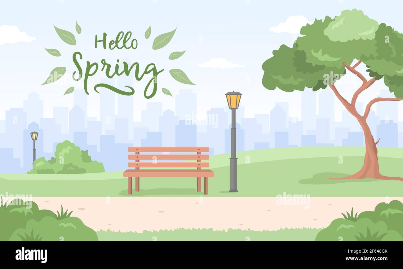 Spring urban landscape. City park. Vector illustration in flat cartoon ...