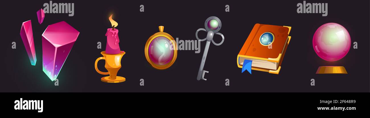Cartoon magic items crystal, globe, burning candle and ancient silver ...