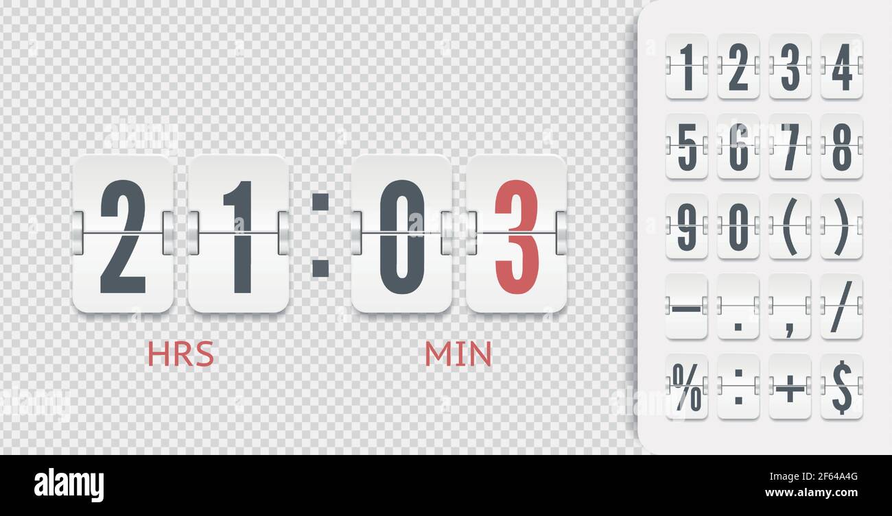 White analog countdown number font. Flip numbers and symbols font for information web page or ...