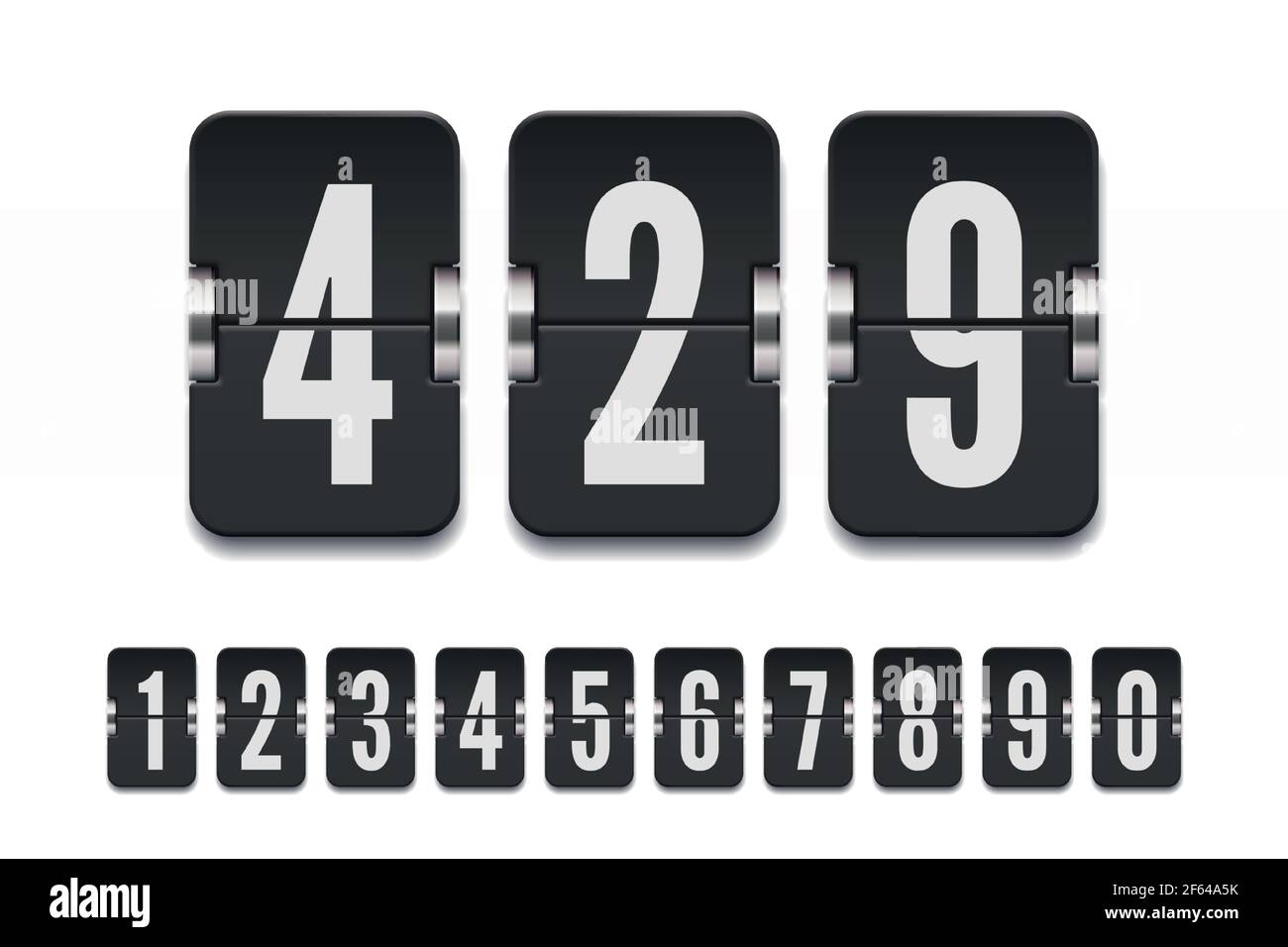Set of black flip numbers on a mechanical scoreboard with shadows ...
