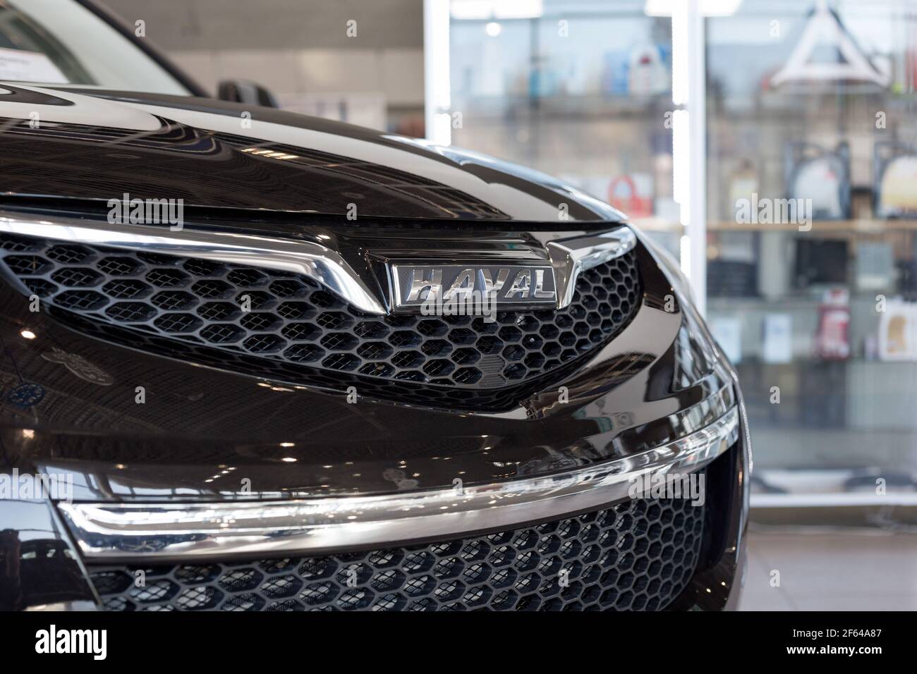 Russia, Izhevsk - February 17, 2021: Haval logo on a bumper of new car ...