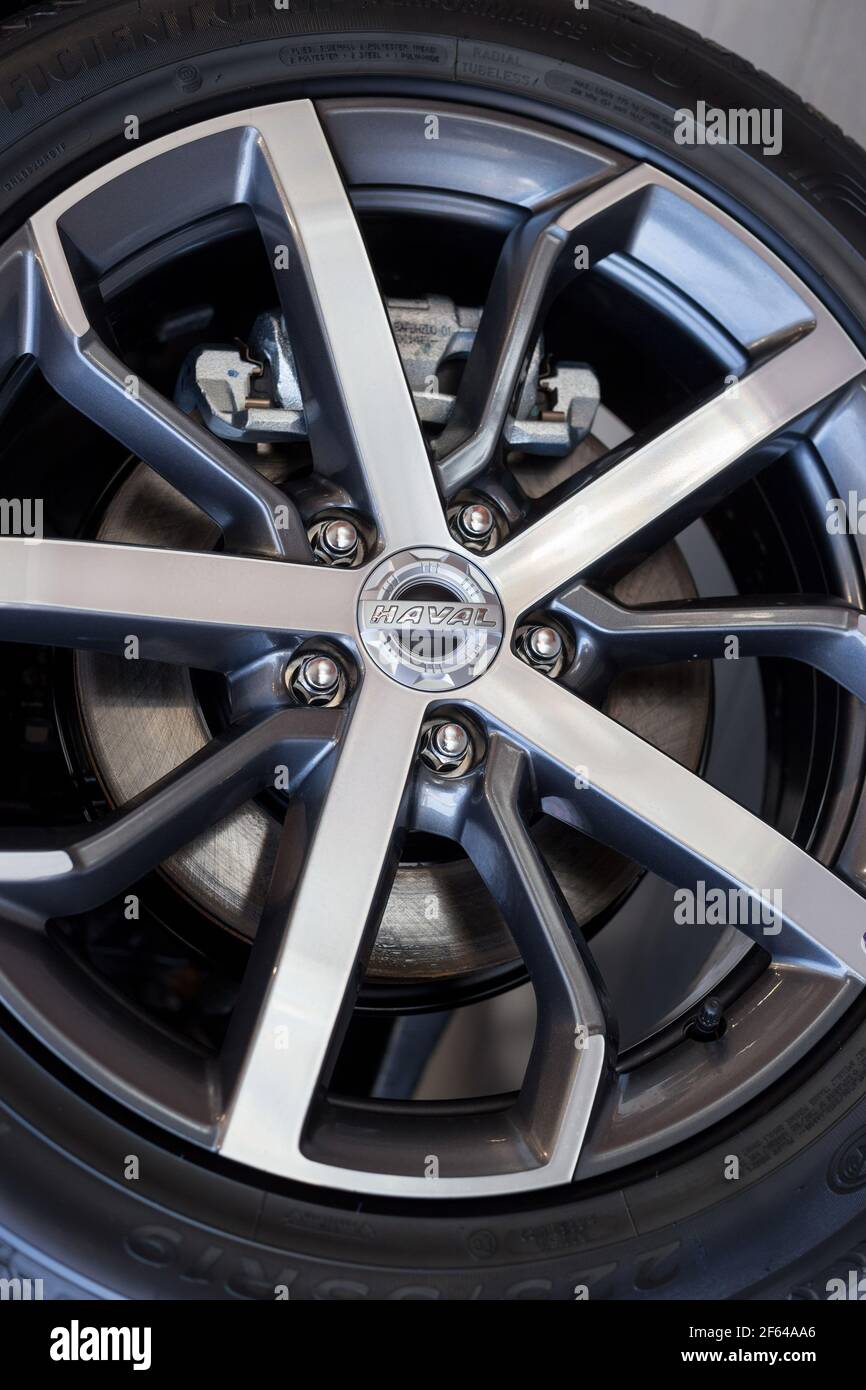 Russia, Izhevsk - February 17, 2021: Haval showroom. The part of alloy ...