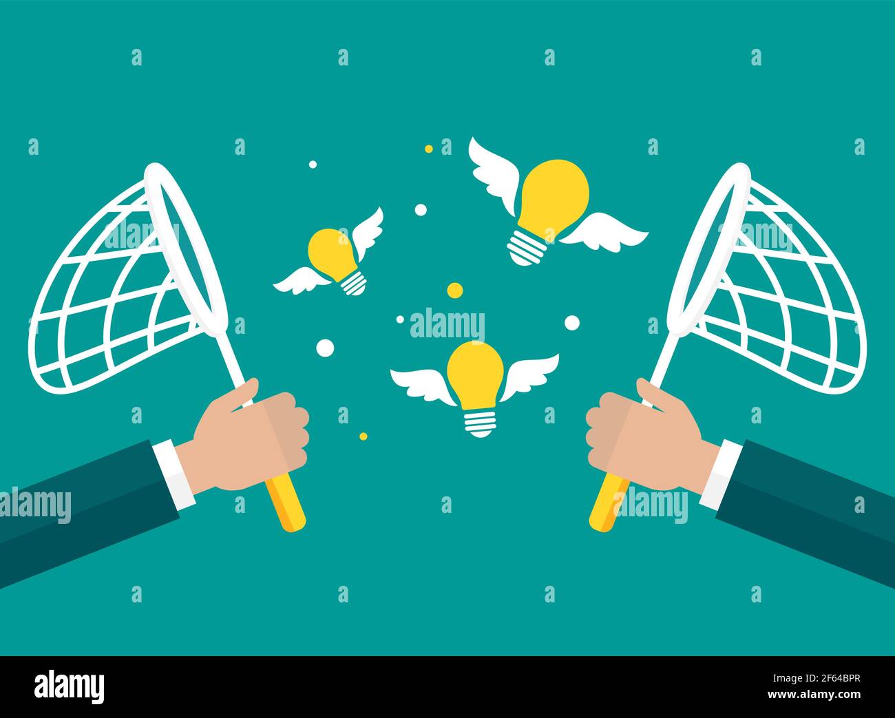 Businessman hand holds butterfly net with flying bulbs. Catch, hunt ...