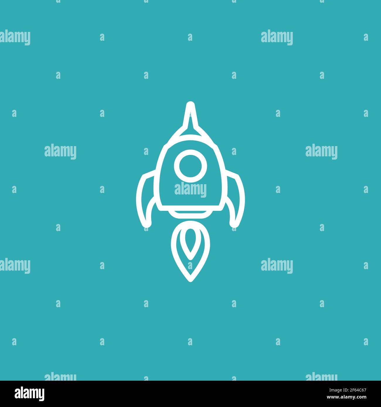 Rocket ship with fire. Isolated on blue. Flat line icon. Vector ...