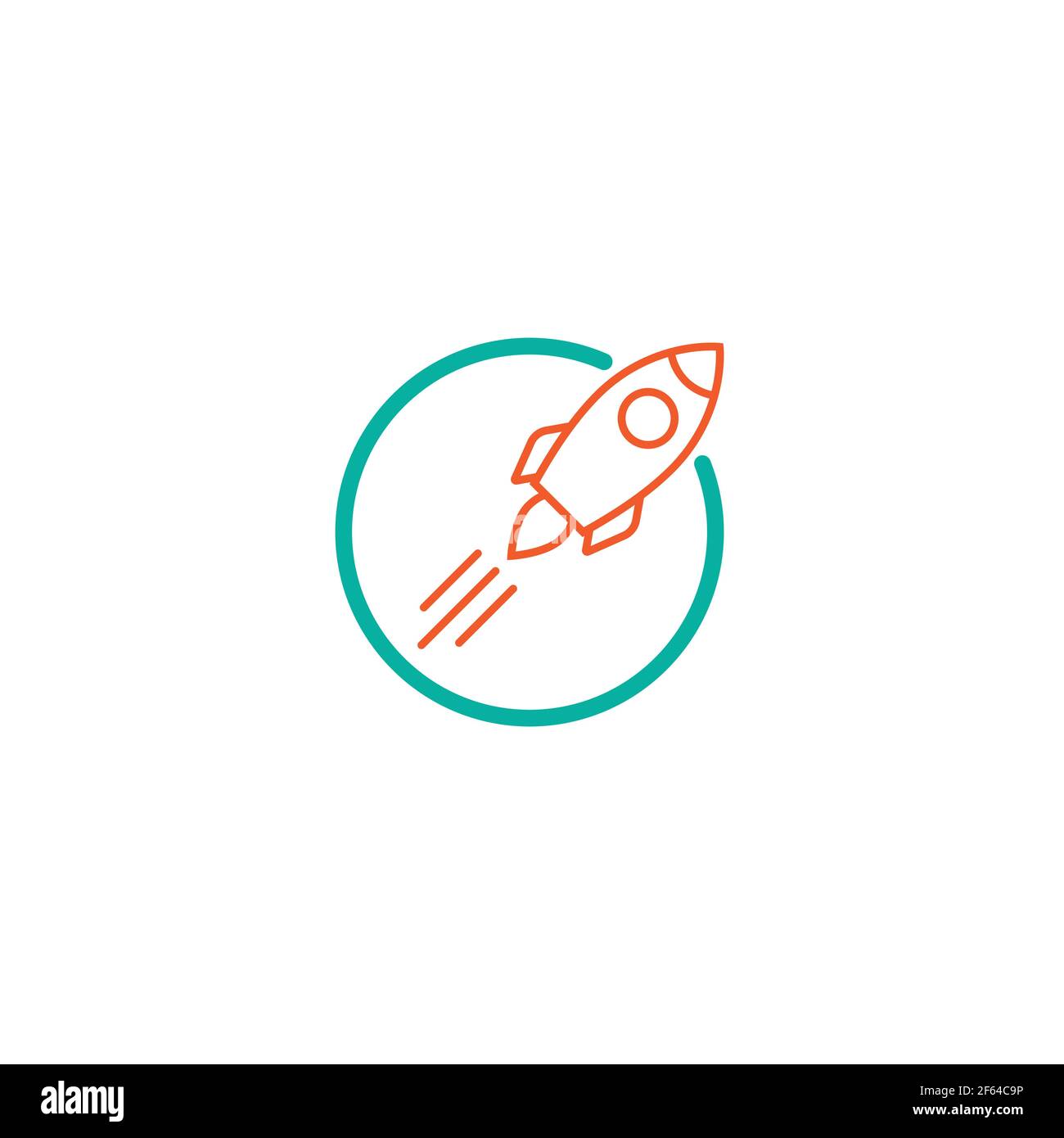 Outline red rocket ship with fire flying out of blue circle isolated on ...