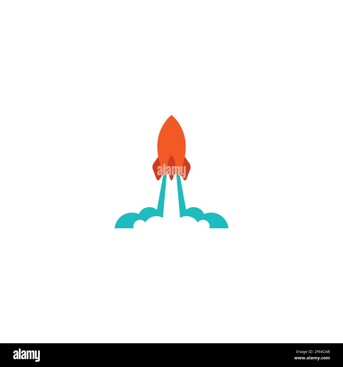 red rocket ship with fire and clouds. Isolated on white. Flat icon ...
