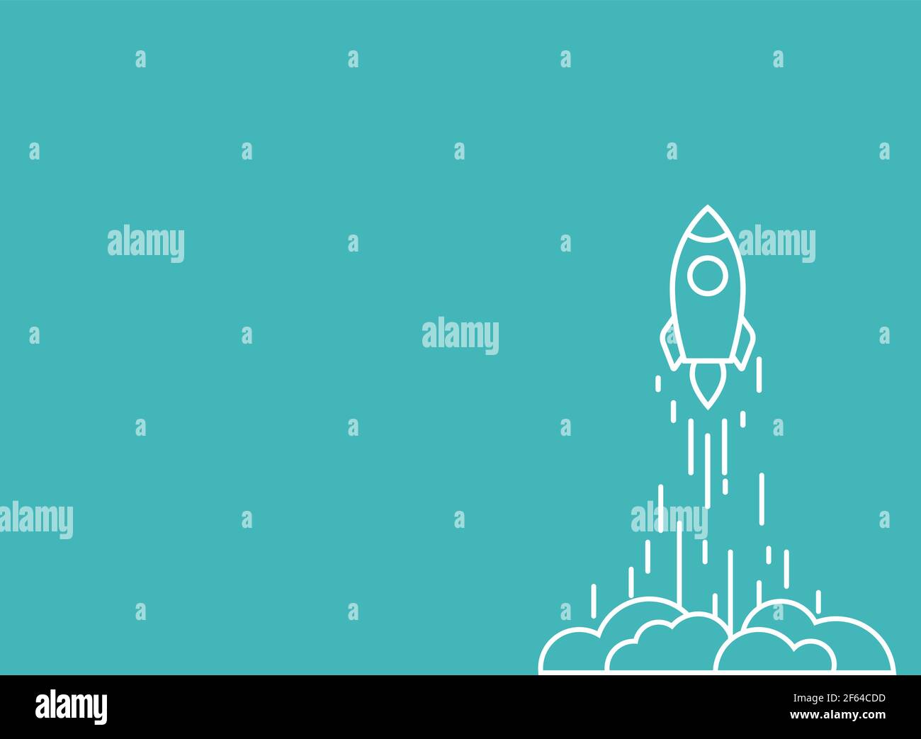 Rocket line ship with fire and clouds. Isolated on powder blue. Flat ...