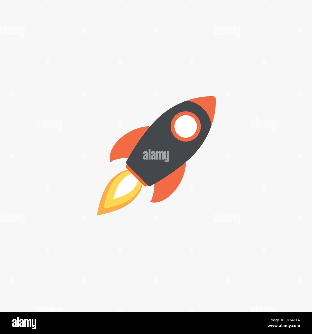 Rocket ship with fire. Isolated on white. Flat icon. Vector illustration with flying rocket ...