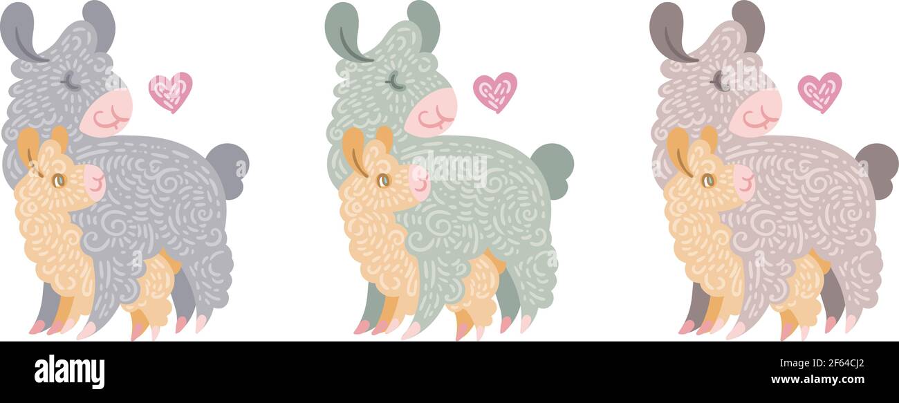 Set of cute curly llamas mom with baby. Illustration in different ...