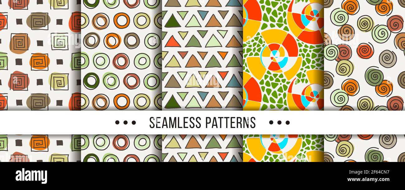 Cute collection of doodle hipster seamless patterns. Ornament set for your design, wallpaper ...