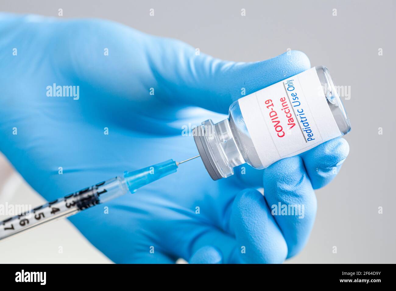 Close up Concept image showing COVID 19 vaccine designed for pediatric ...