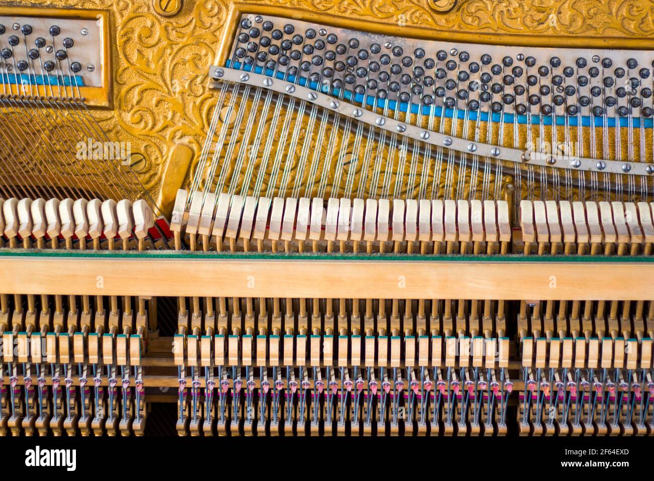 Piano instrument inside, antiquary piano and old mechanism, close-up ...