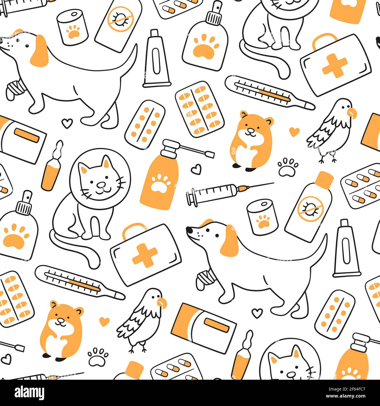 Veterinary seamless pattern with pets, medicines and food. A cat in a ...