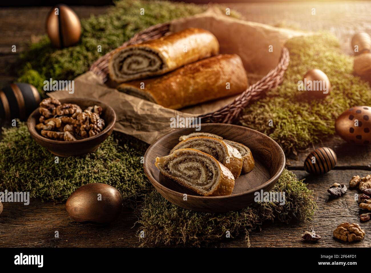 Fresh home baked Easter bread rolls with Easter eggs; sweet bread buns ...