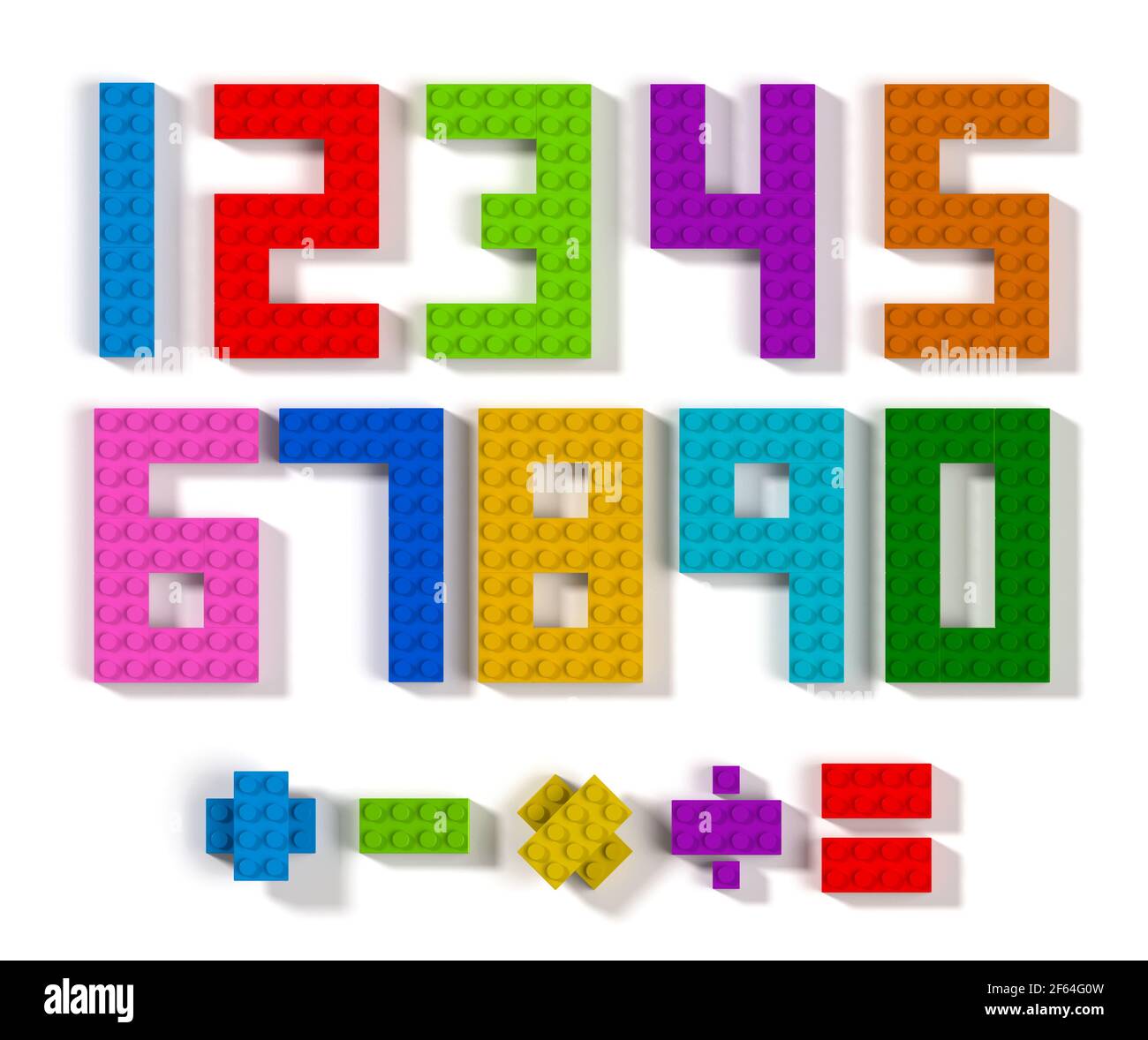 Colorful toy building blocks numbers and mathematic operation symbols ...