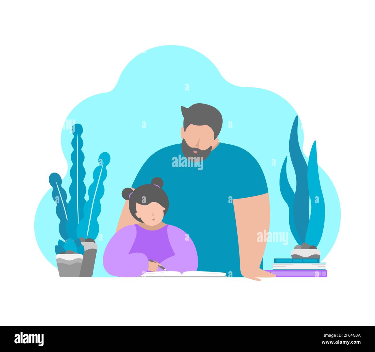 Vector flat illustration concept. Father and smart daughter learn to ...