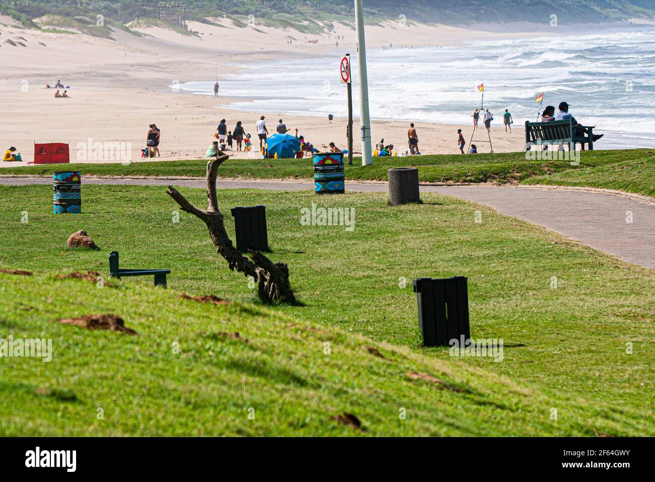 Stretch of green grass before beach with beachgoers Stock Photo - Alamy