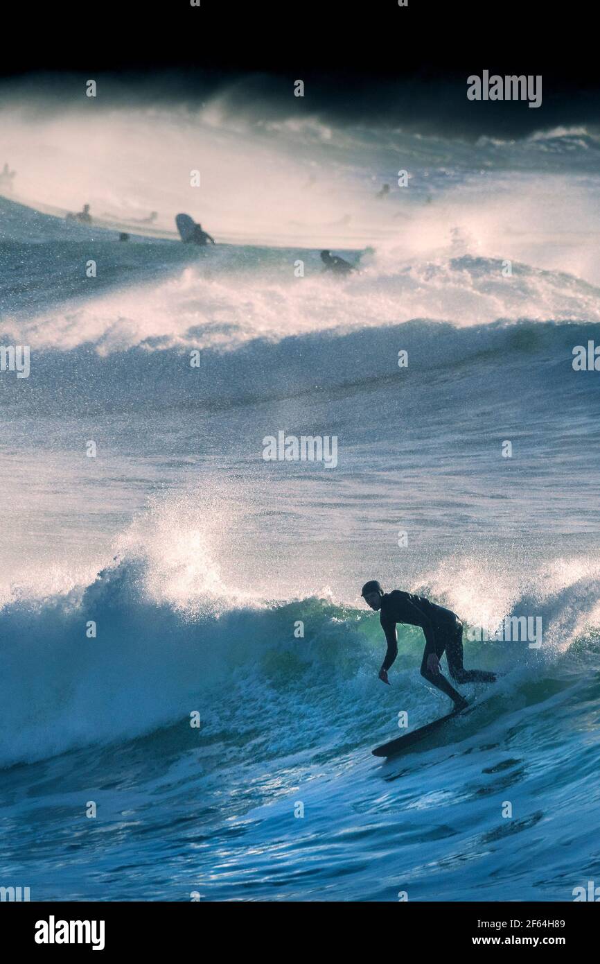 Spectacular surfing action as a surfer rides a wave with spray being ...