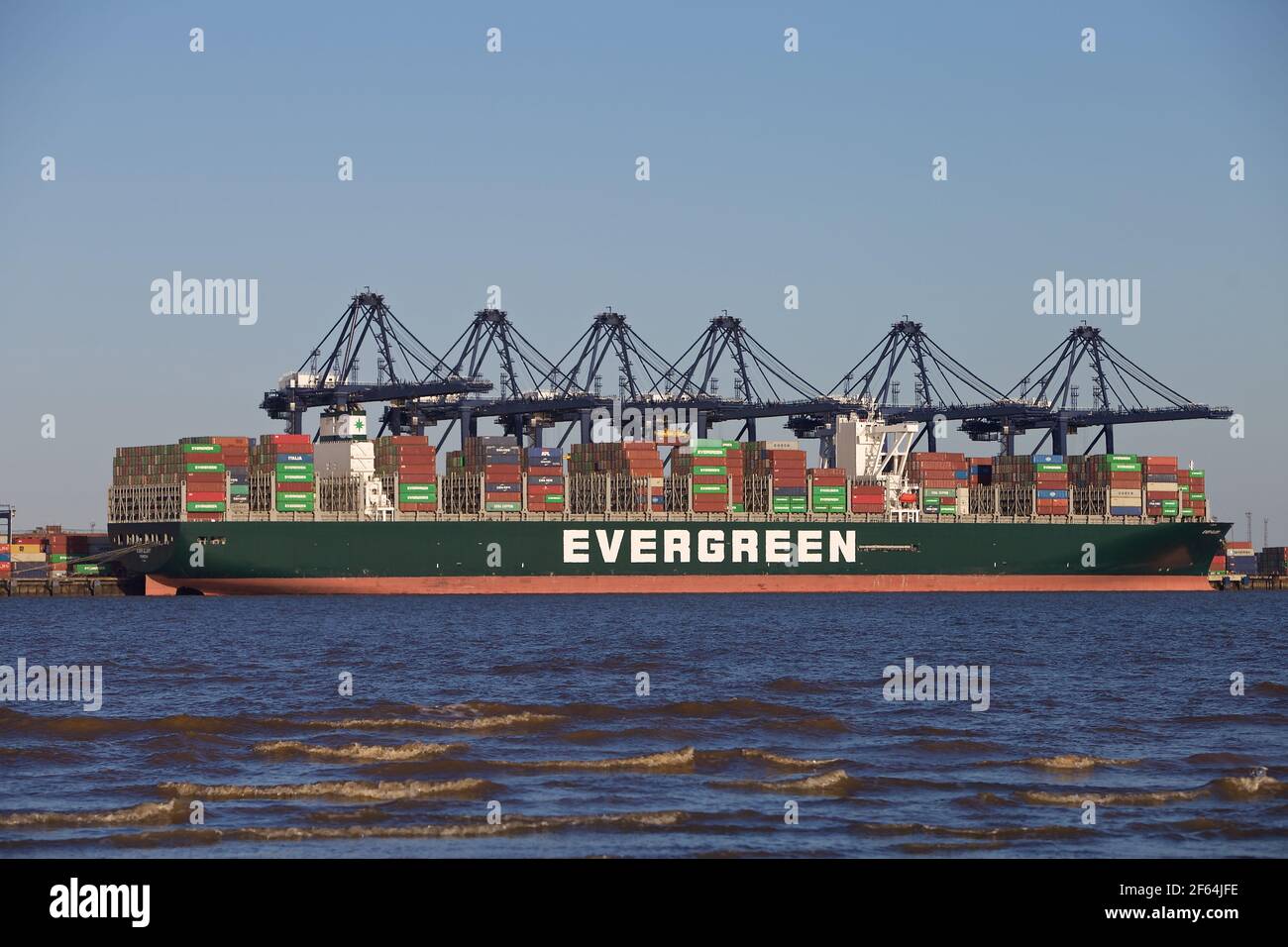 Container ship Ever Glory docked at the Port of Felixstowe, Suffolk, UK ...