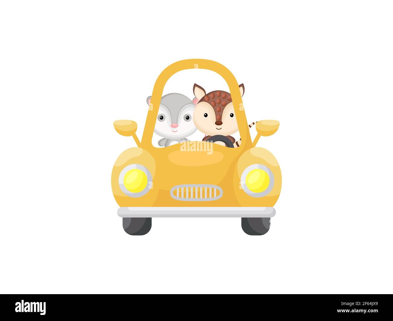 Cute little opossum and armadillo driving yellow car. Cartoon character ...