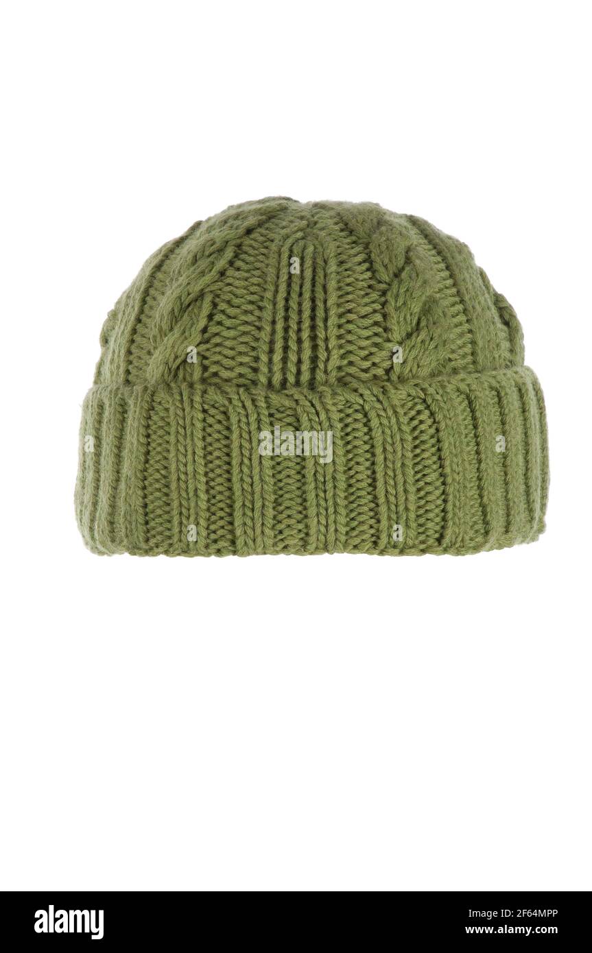 Knitted winter cap on white background. Studio shoot Stock Photo - Alamy