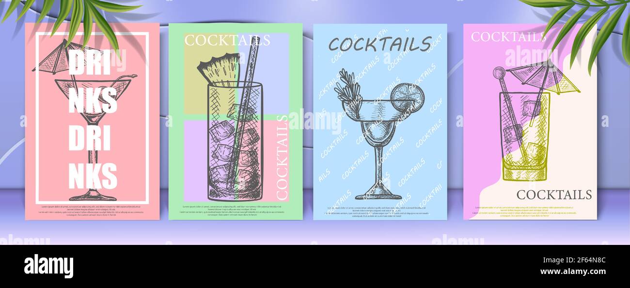 Vector cartoon style collection of cocktails menu templates, hand drawn ...