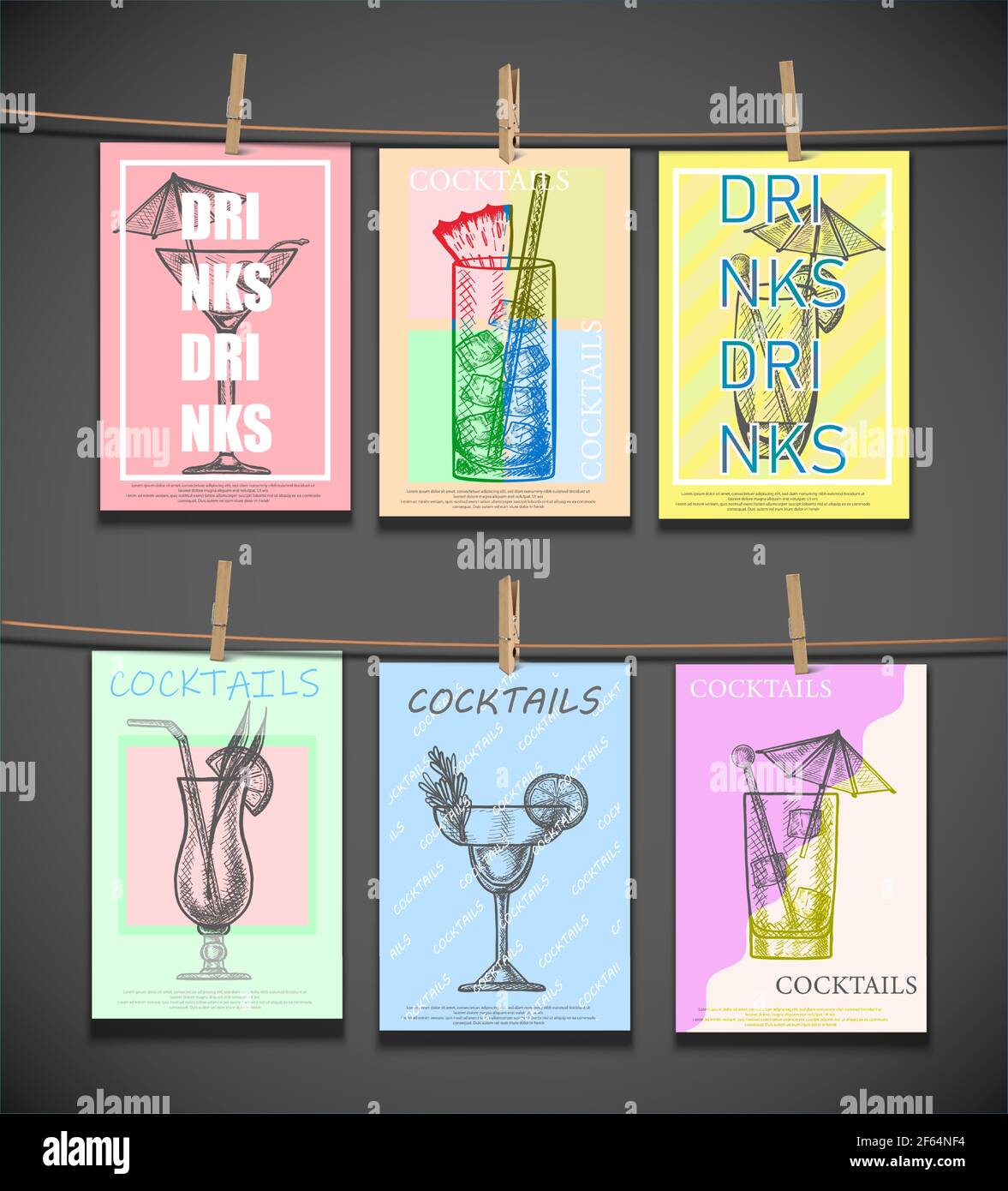 Vector templates of bar menu leaflets of cocktails hanging on the rope ...